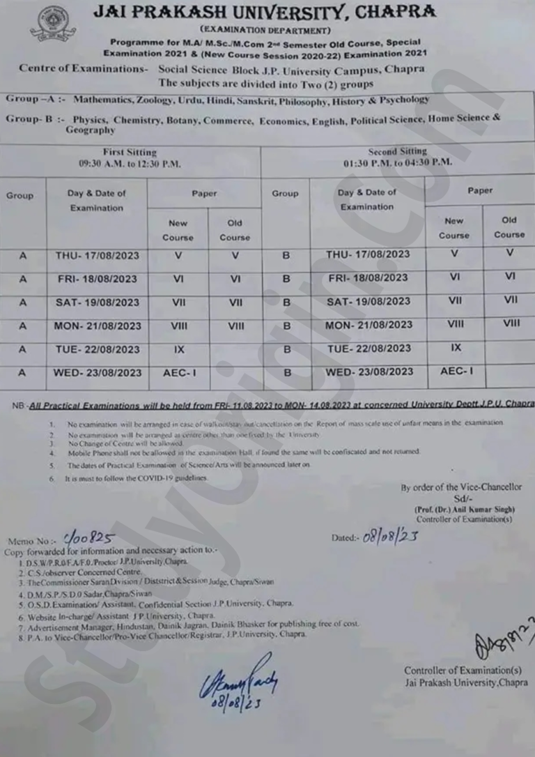 JPU PG 2nd Sem Exam Schedule 2023 MA MSc MCom 2020-22 - Study Origin