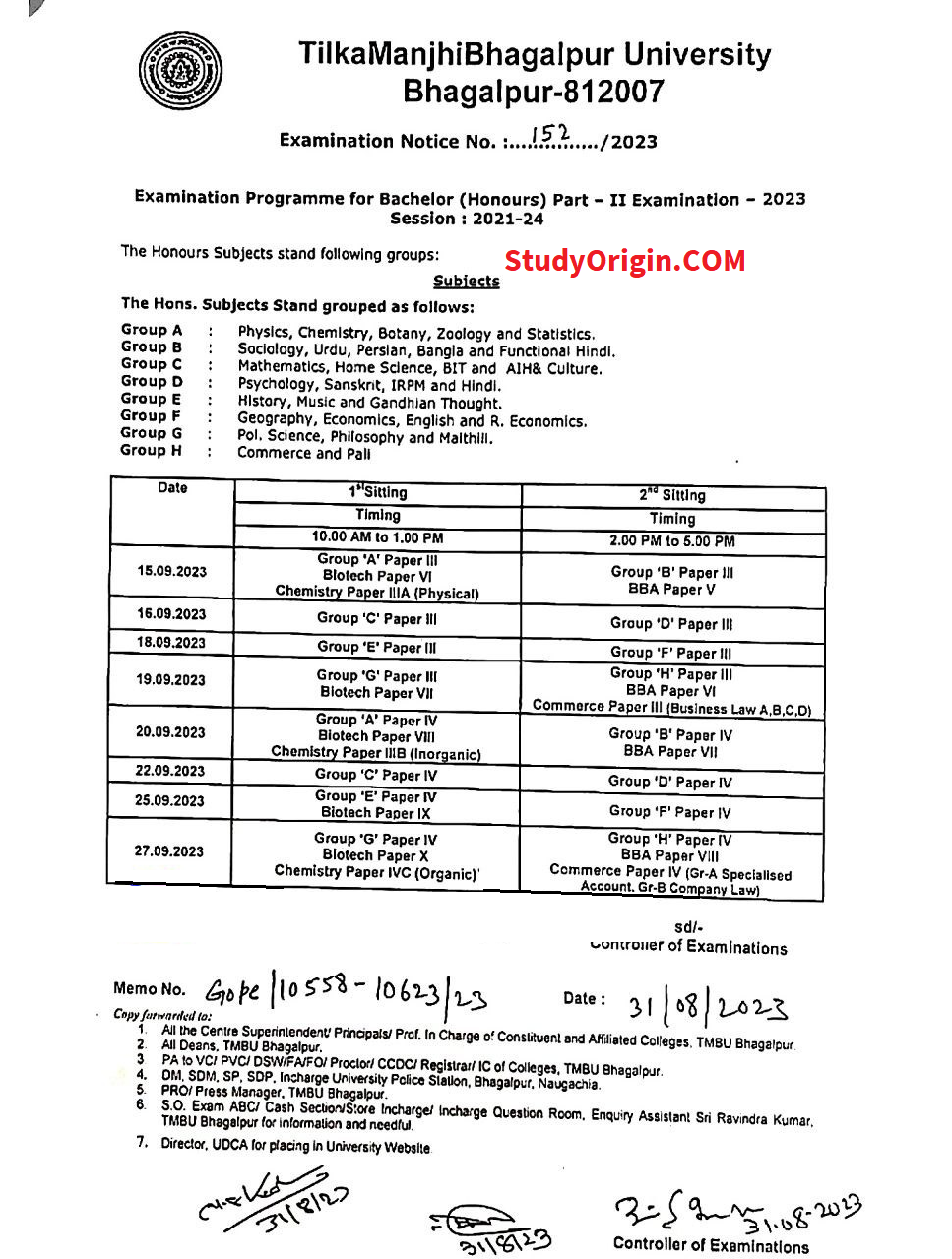 TMBU 2nd Year Exam Schedule 2023 BA BSc BCom 2021-24 - Study Origin